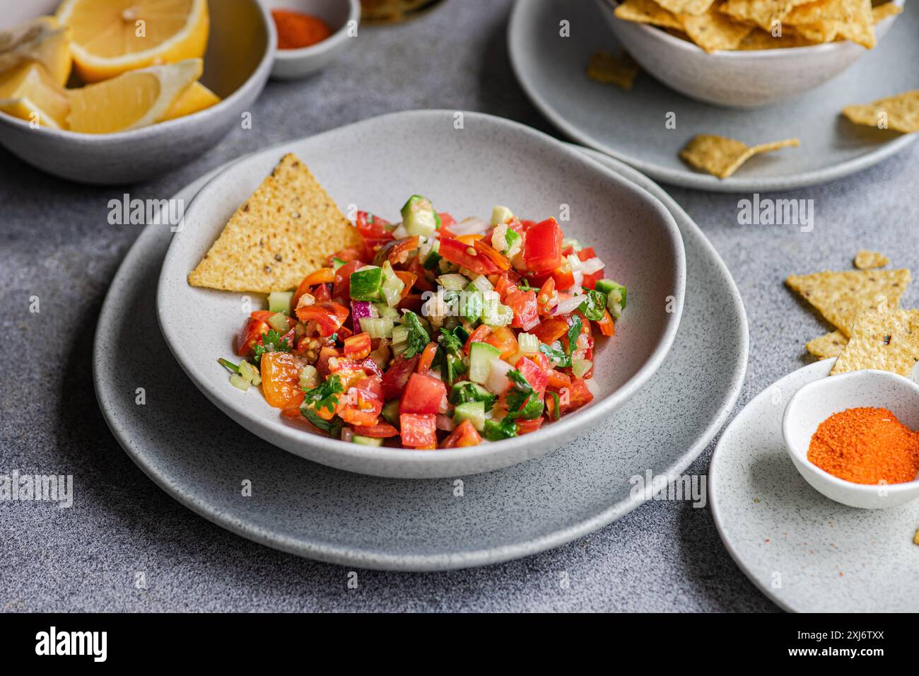 Close-up of a bowl of Traditional Mexican Pico de Gallo salsa with ...