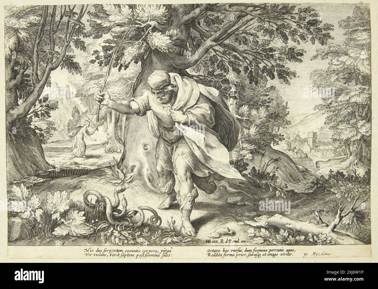 Copper engraving showing Teiresias striking two mating snakes with a ...