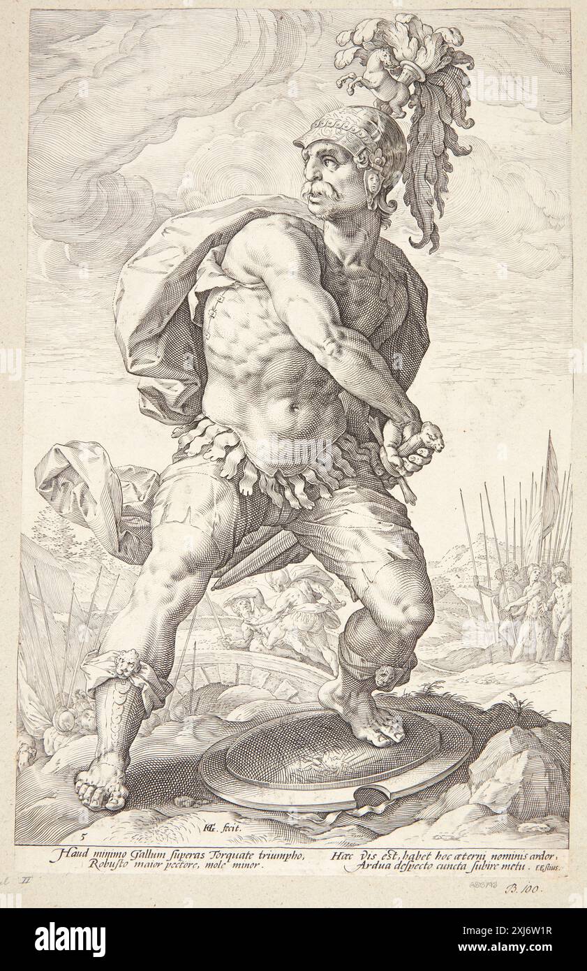 Copper engraving by Hendrick Goltzius depicting Titus Manlius Torquatus ...