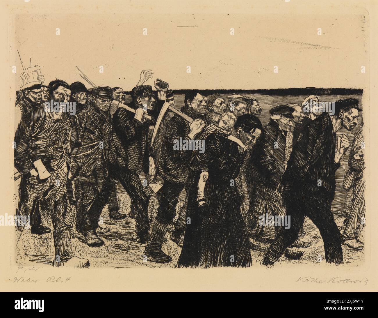 Etching by Käthe Kollwitz titled 'A Weaving Uprising - Weaving Train ...