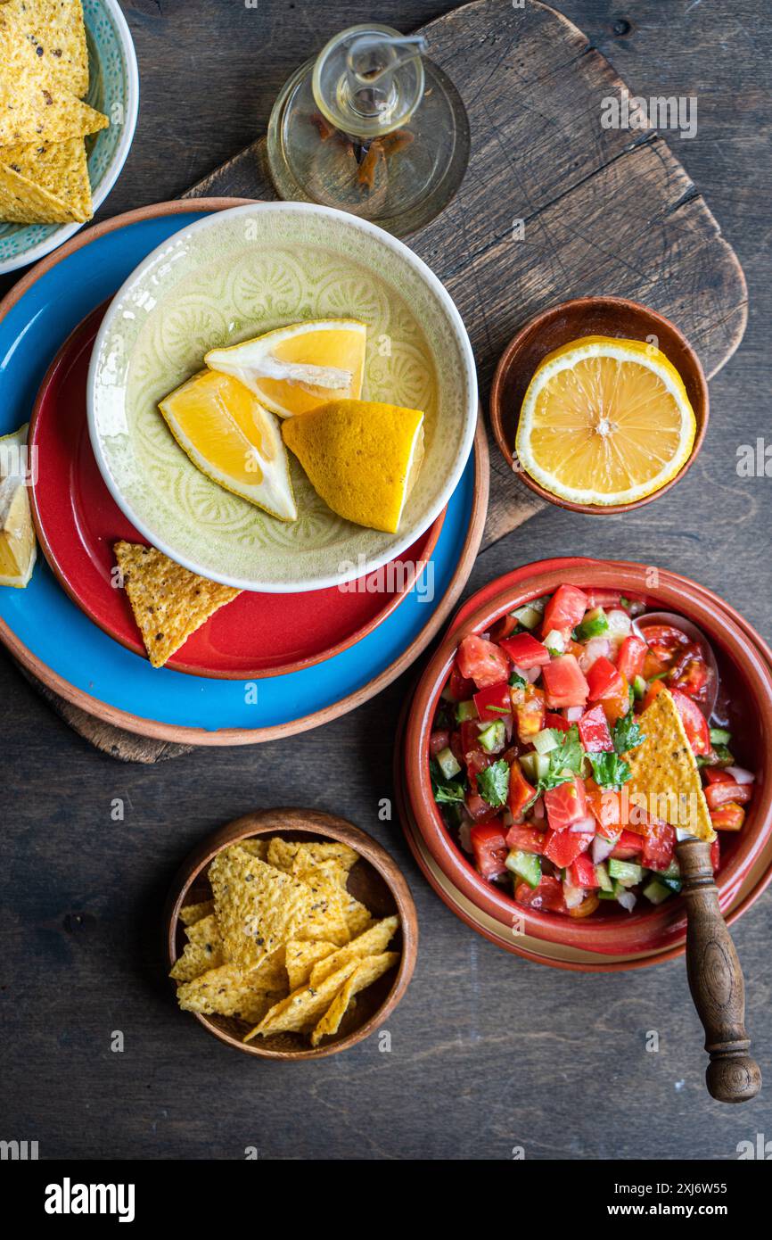 Overhead view of a bowl of Traditional Mexican Pico de Gallo salsa with ...