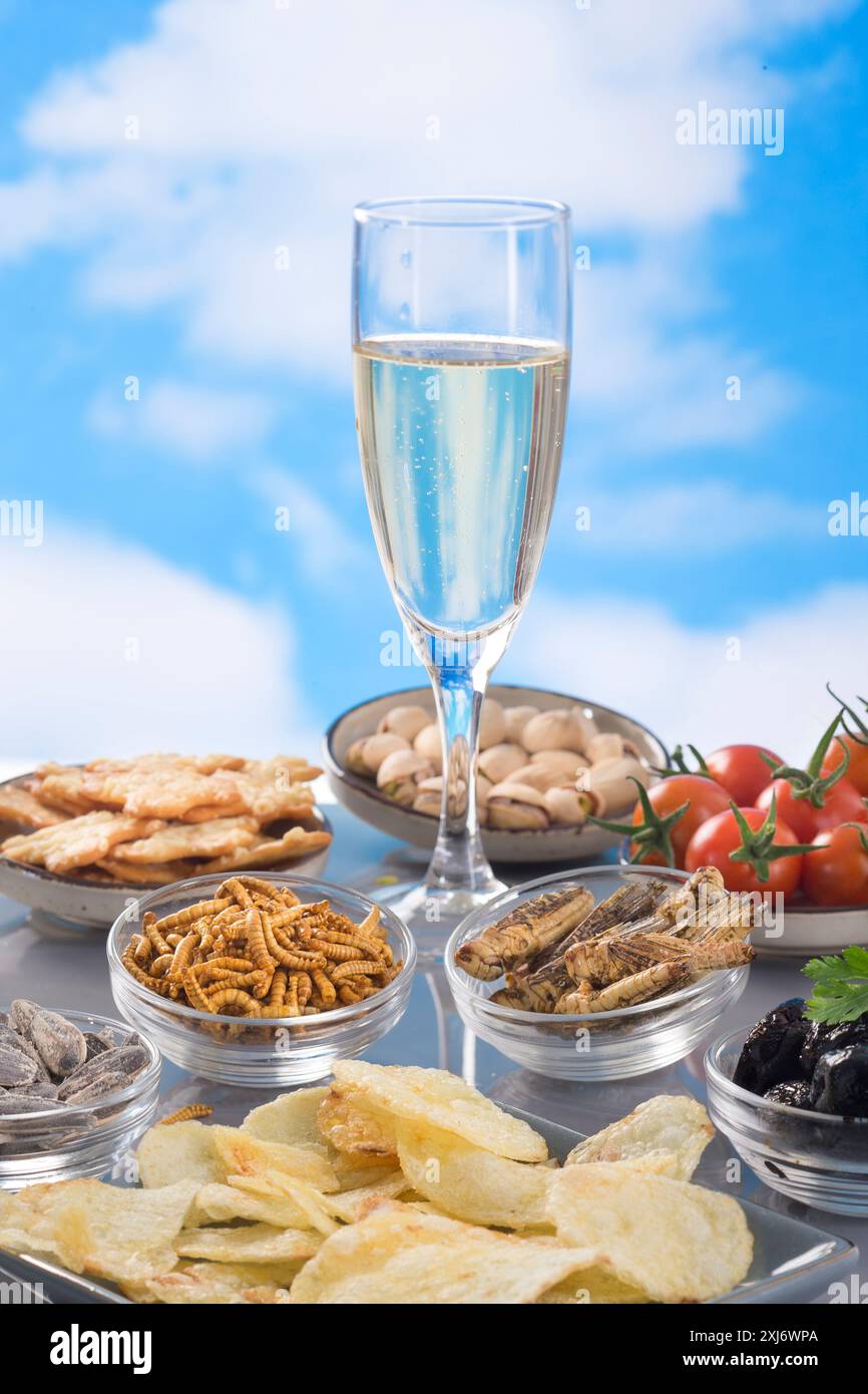 Appetizers for an aperitif :crisps,sunflower seeds,dried insects,olives ...