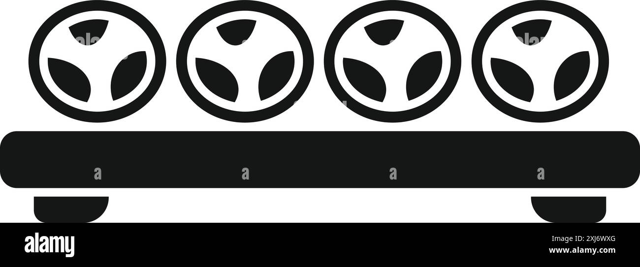Black simple icon of four wheels on an assembly line conveyor belt ...