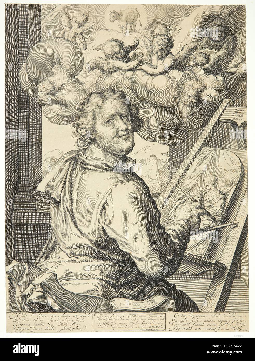 Copper engraving showing Saint Luke painting the Virgin Mary, depicting ...