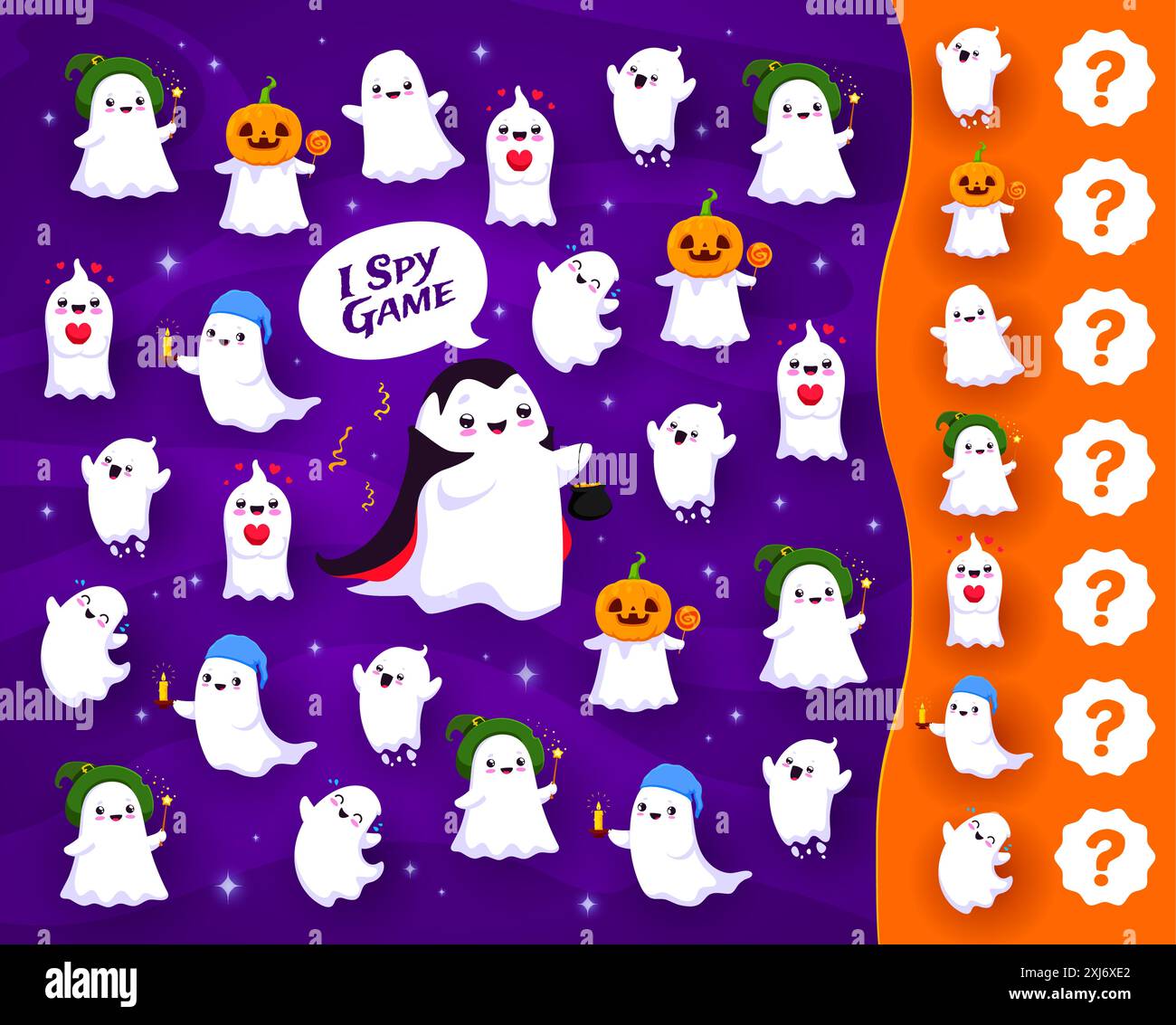 Kids I spy game, Halloween cute kawaii ghost characters matching puzzle ...