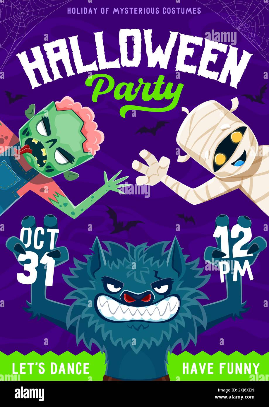 Zombie, werewolf and mummy on Halloween party flyer. Vector holiday ...