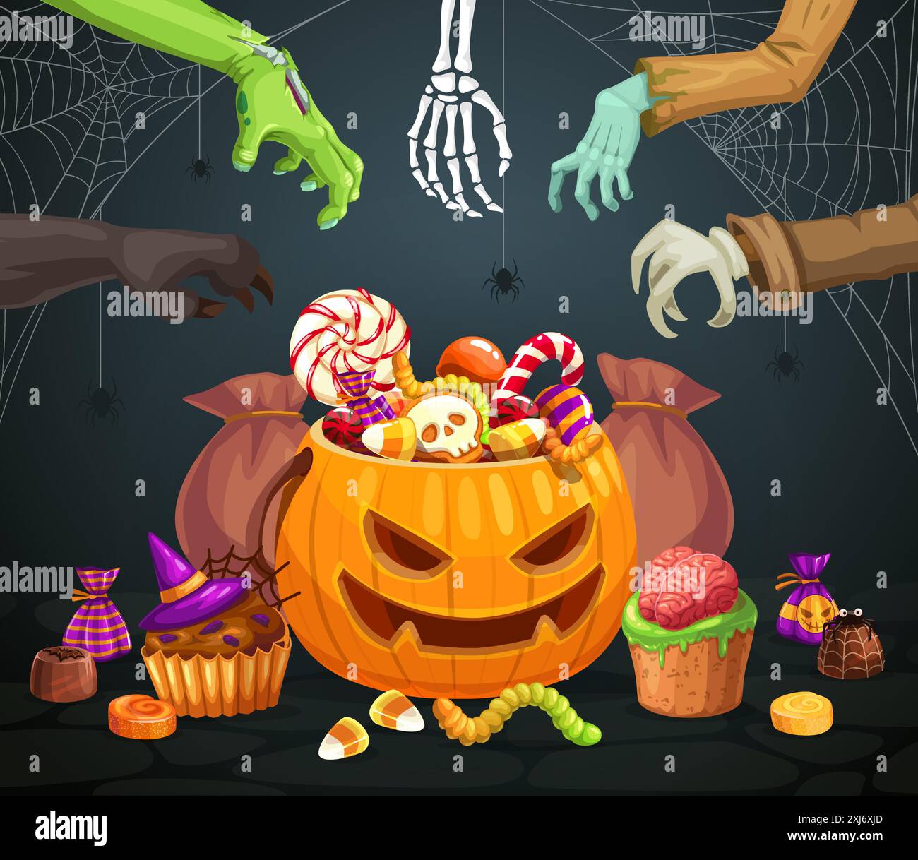 Halloween monster hands and holiday sweets bucket for horror night ...