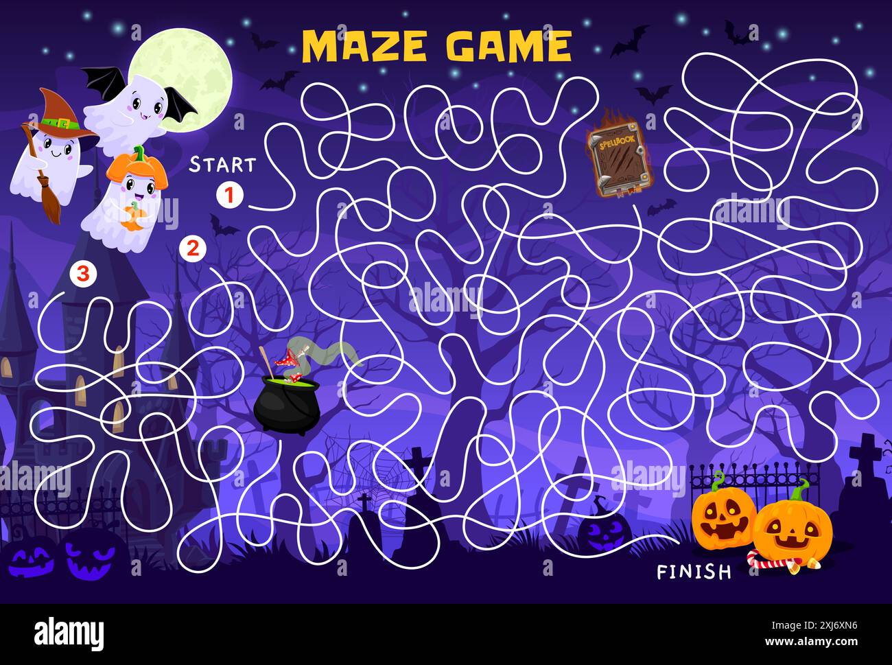 Halloween labyrinth maze game. Help to kawaii ghost find a spellbook ...