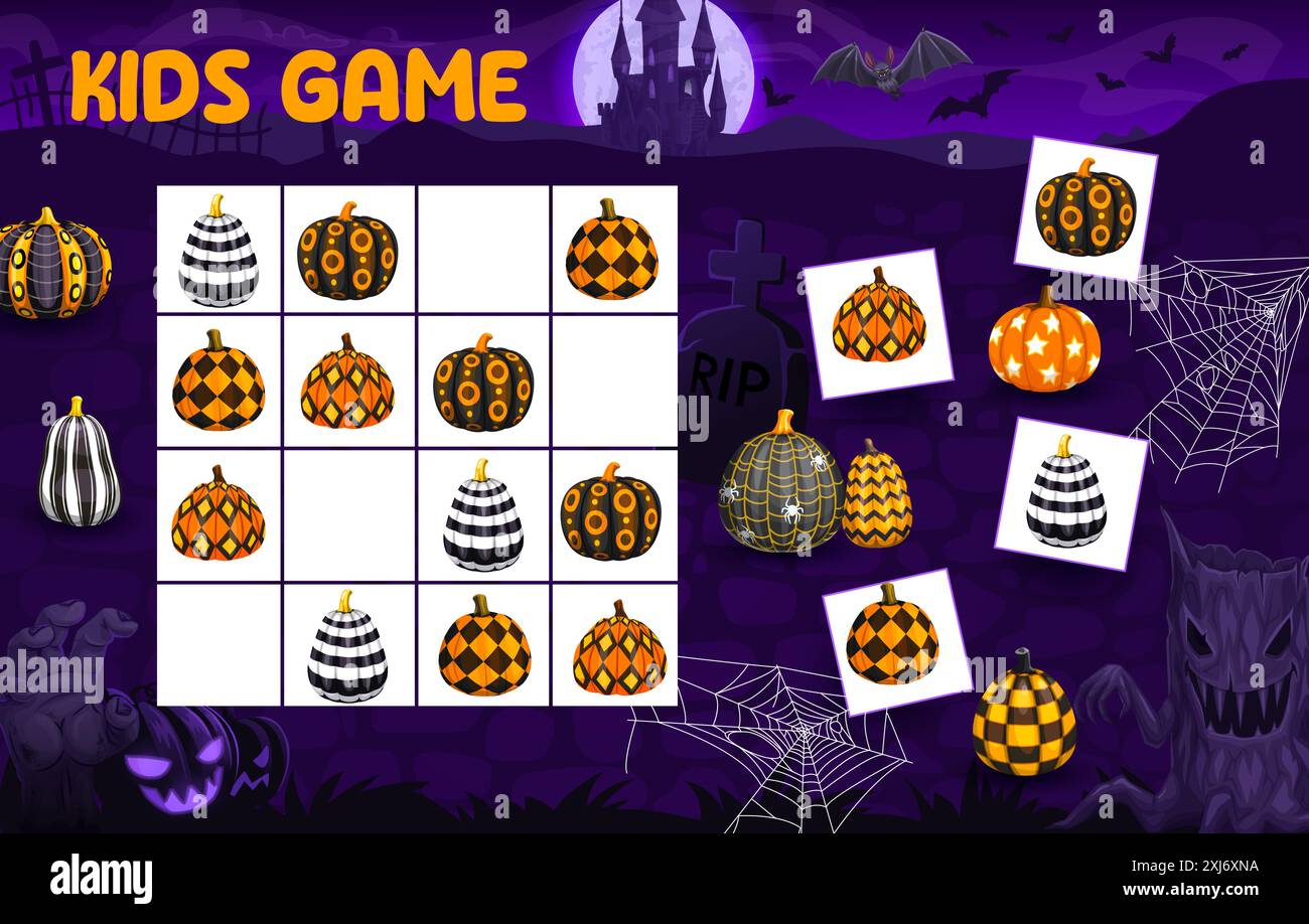 Kids Halloween sudoku game worksheet with patterned pumpkins. Logic ... Kids Halloween sudoku game worksheet with patterned pumpkins. Logic ...