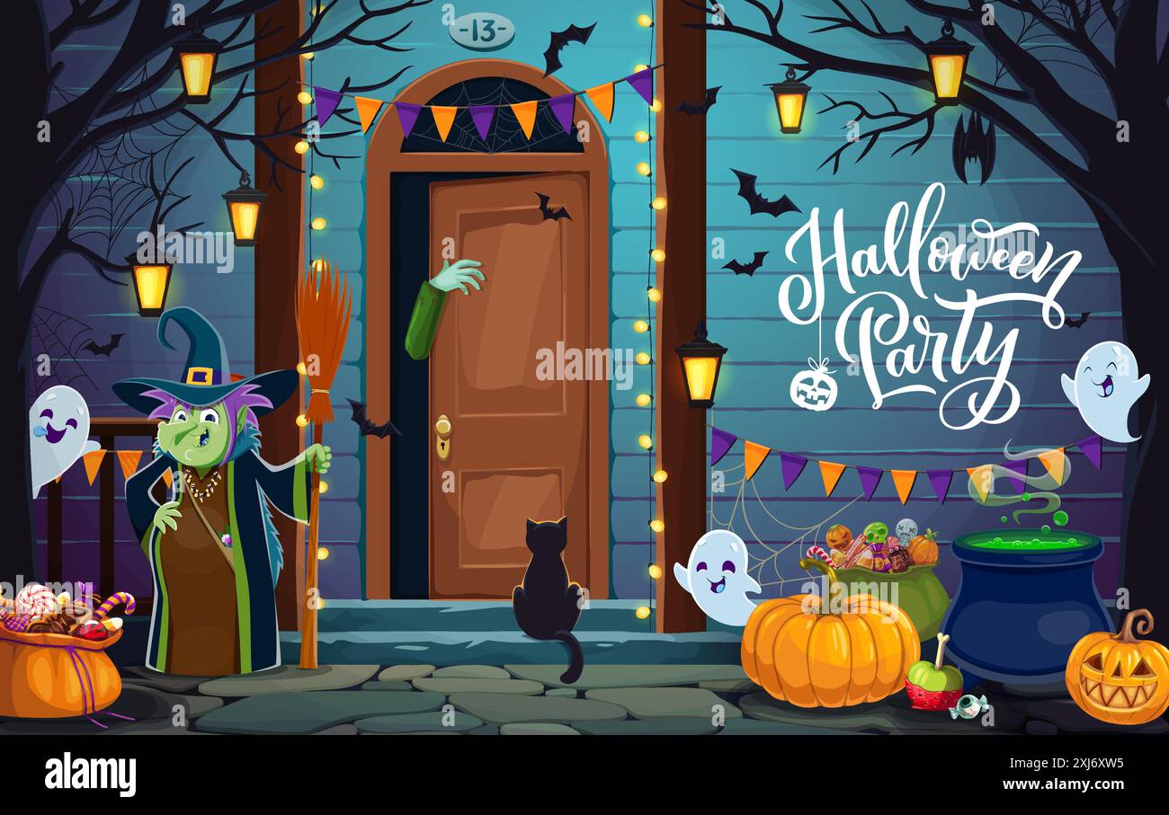 Funny cartoon witch on Halloween door porch with sweets bucket and ...