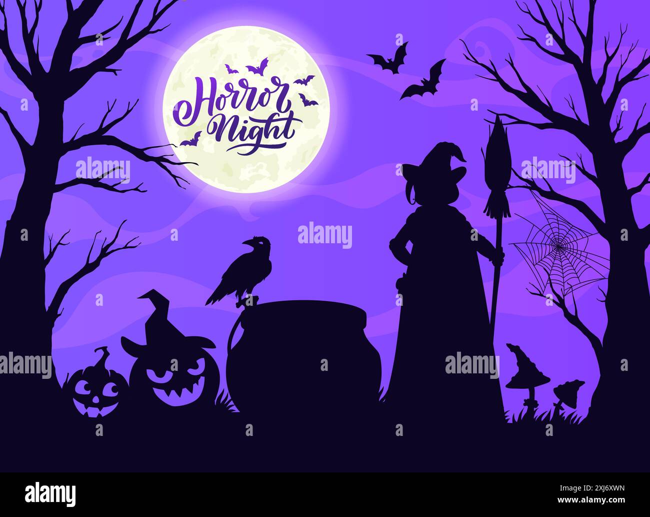 Witch silhouette on Halloween cemetery landscape, with cauldron, trees ...