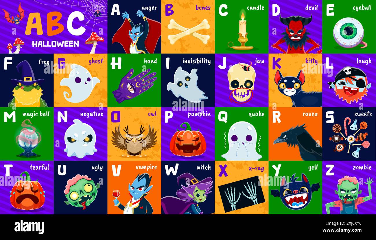 Halloween holiday alphabet, abc kids type with cartoon horror night ...