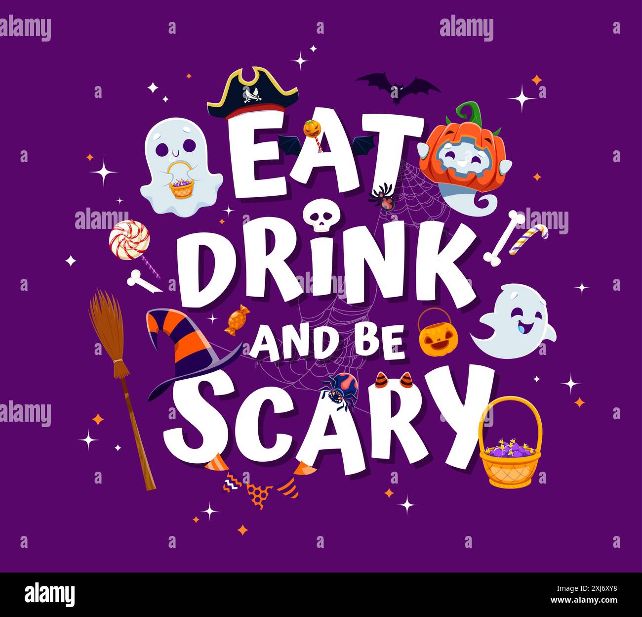 Eat drink and be scary Halloween banner with cute kawaii ghosts and ...