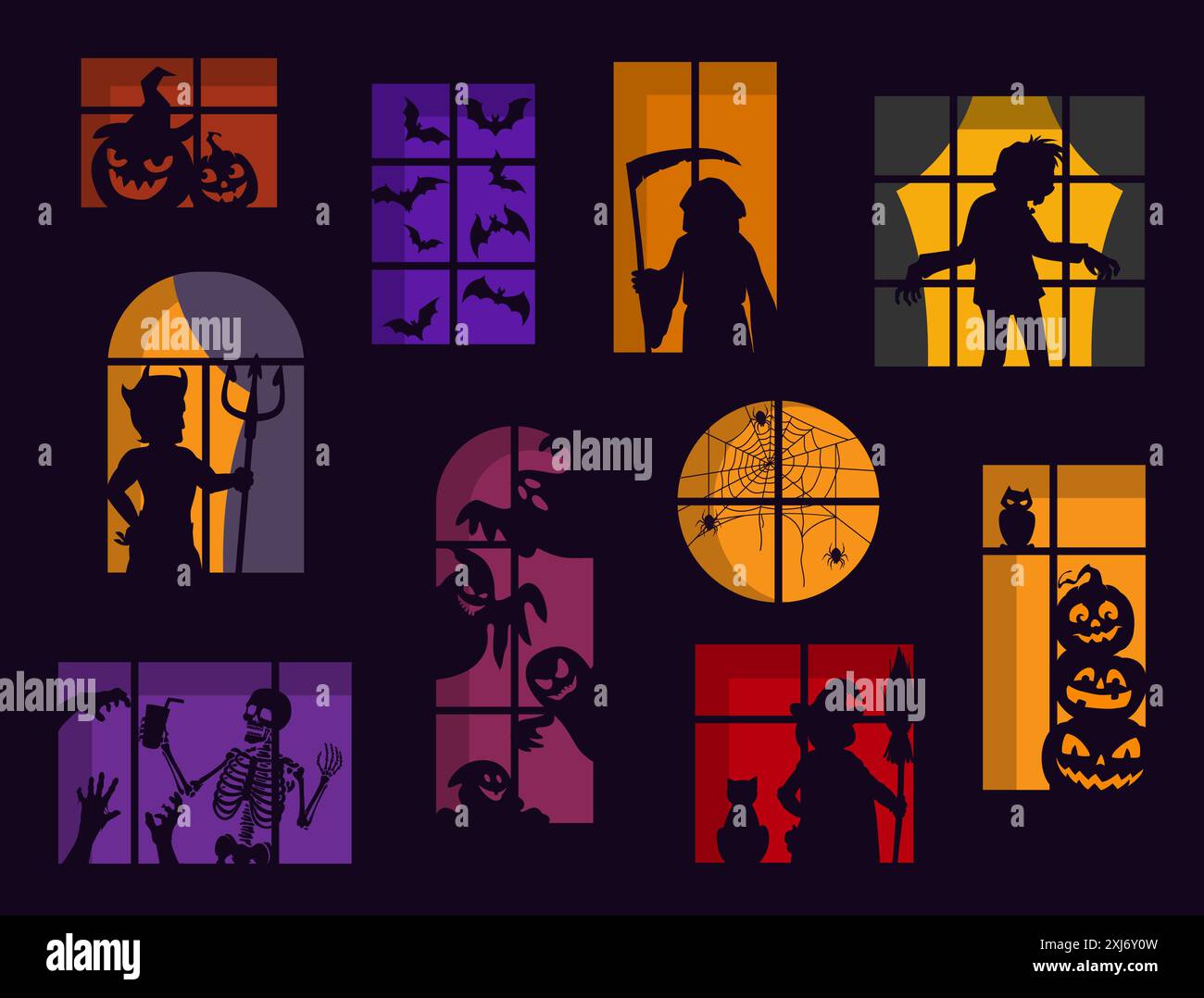 Halloween scary silhouettes in window for holiday horror night, vector ...