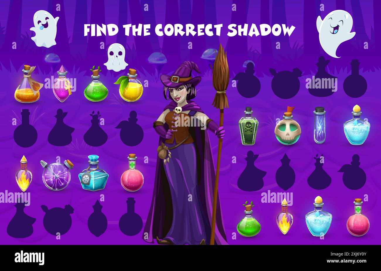 Halloween kids game. Help to witch find a correct potion bottles shadow ...