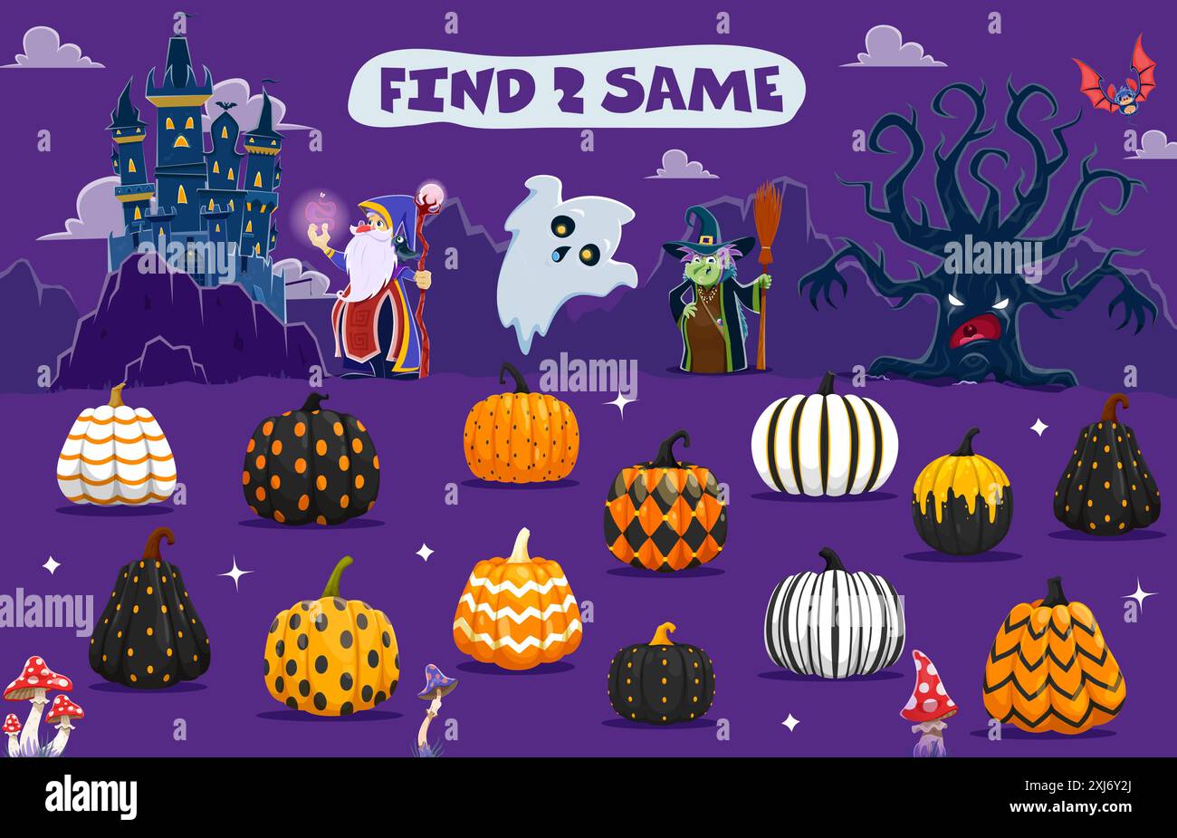 Help to wizard find two same Halloween patterned pumpkins kids quiz ...