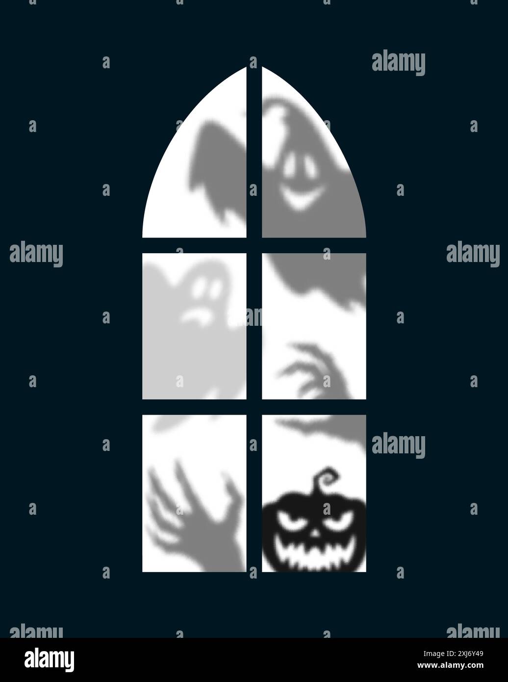 Halloween window silhouettes of ghosts, pumpkin and monster hands ...