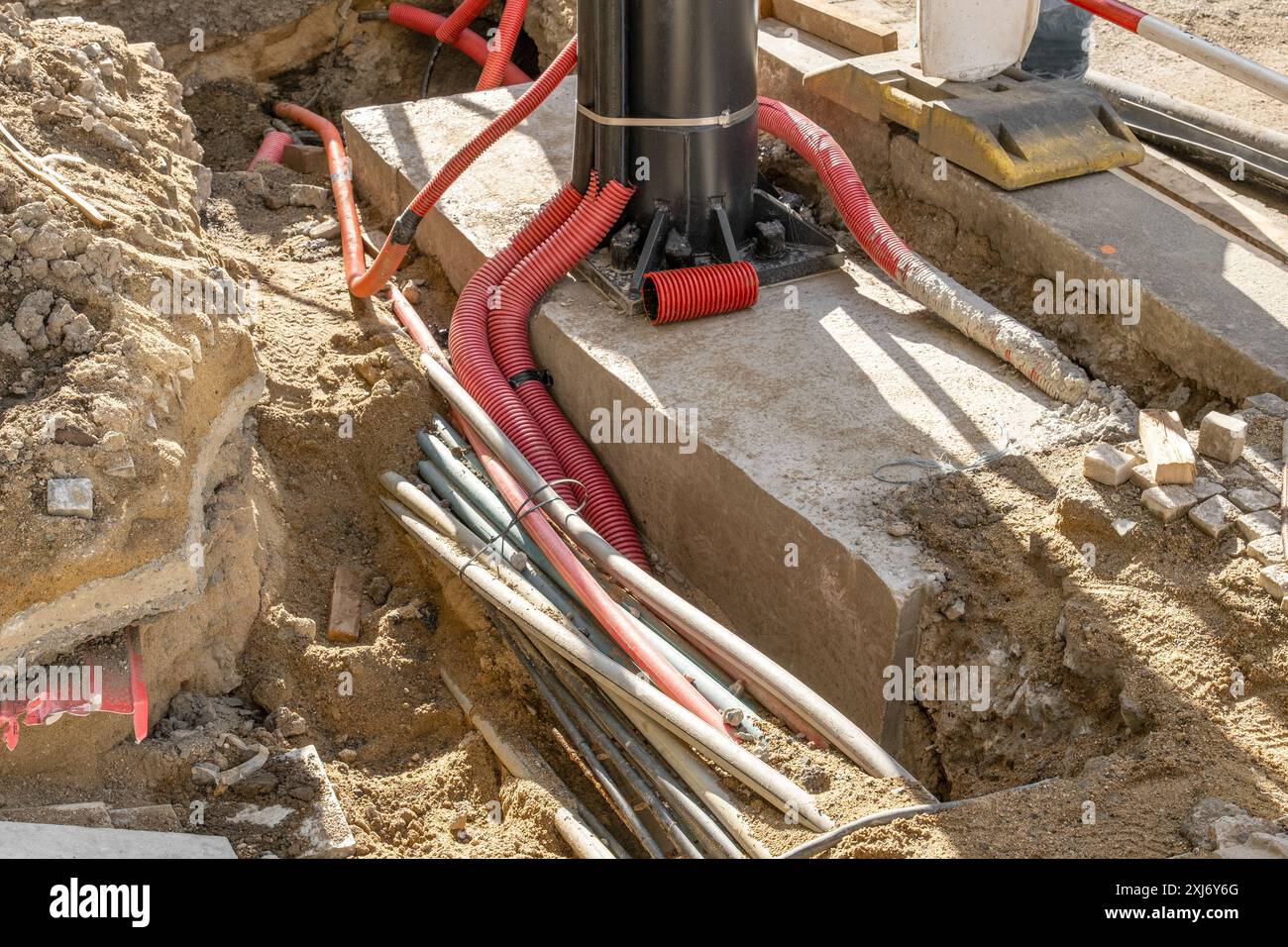 Electrical wires on a tramway pole, essential for powering the tram ...