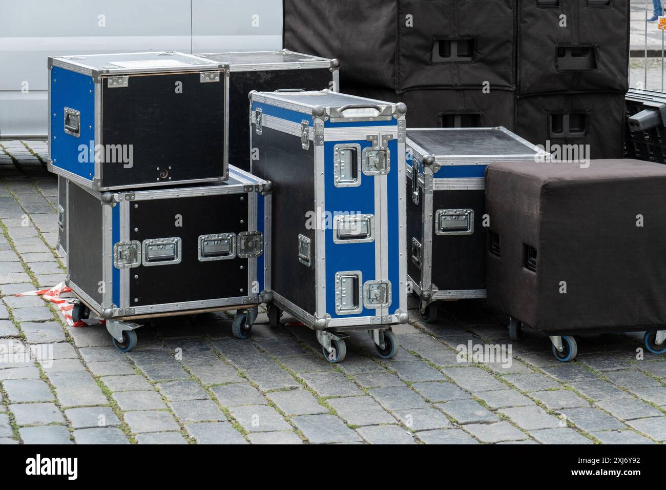 musical equipment for a show, wooden boxes with wheels for concert ...