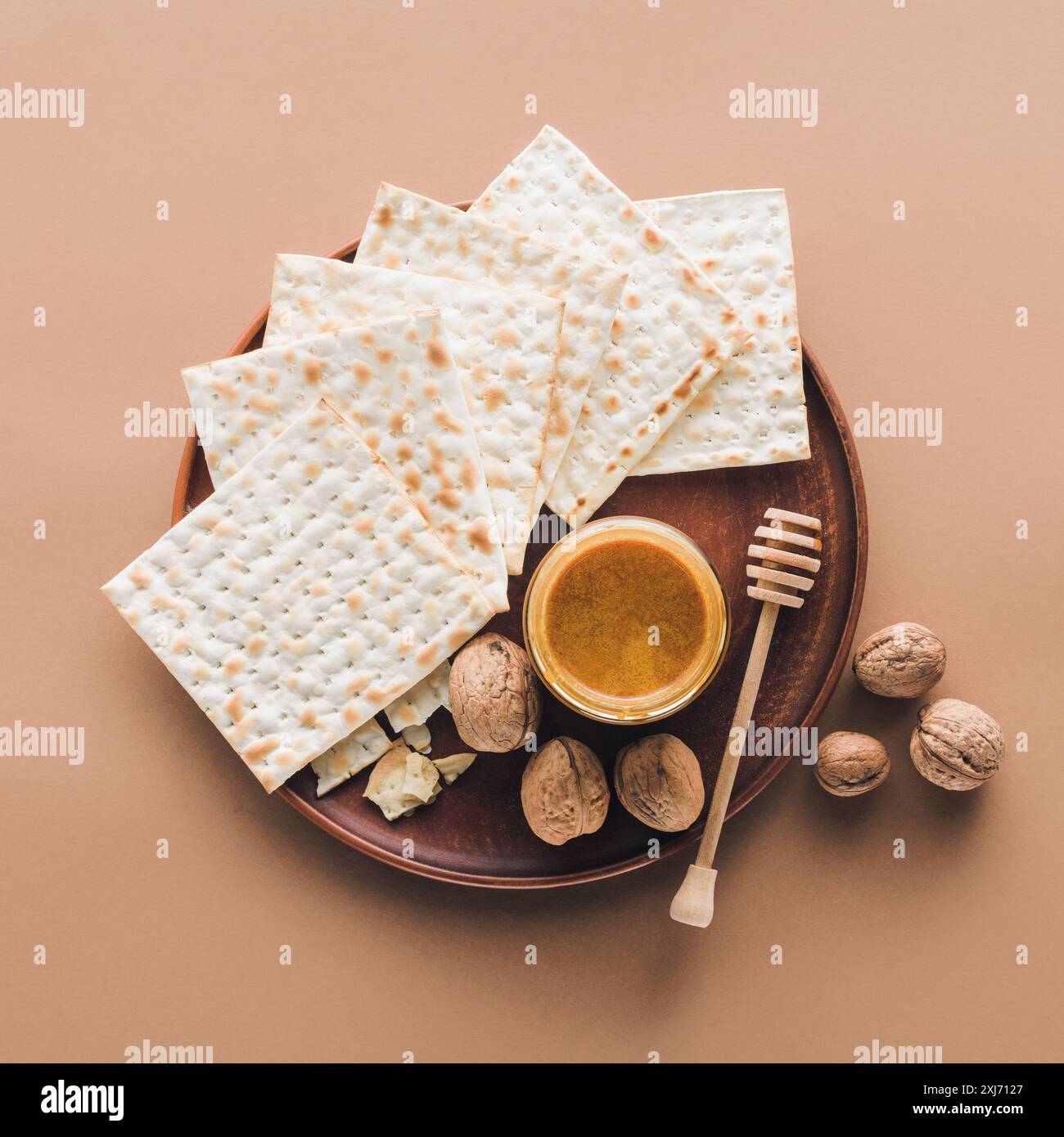top view of matza with honey on tray, Passover Haggadah concept Stock ...