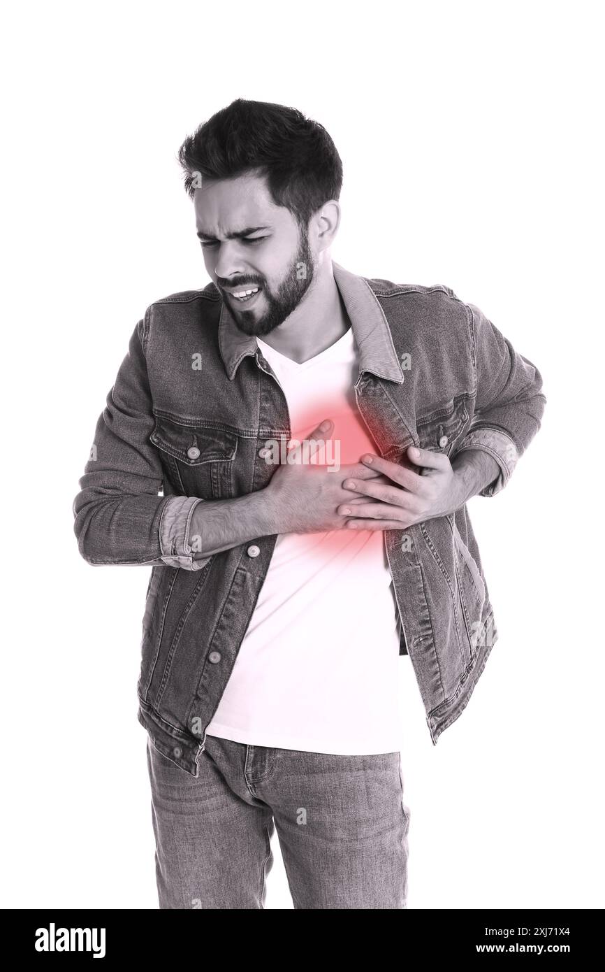 Heart attack. Man writhing in pain and pressing hands to chest on white ...