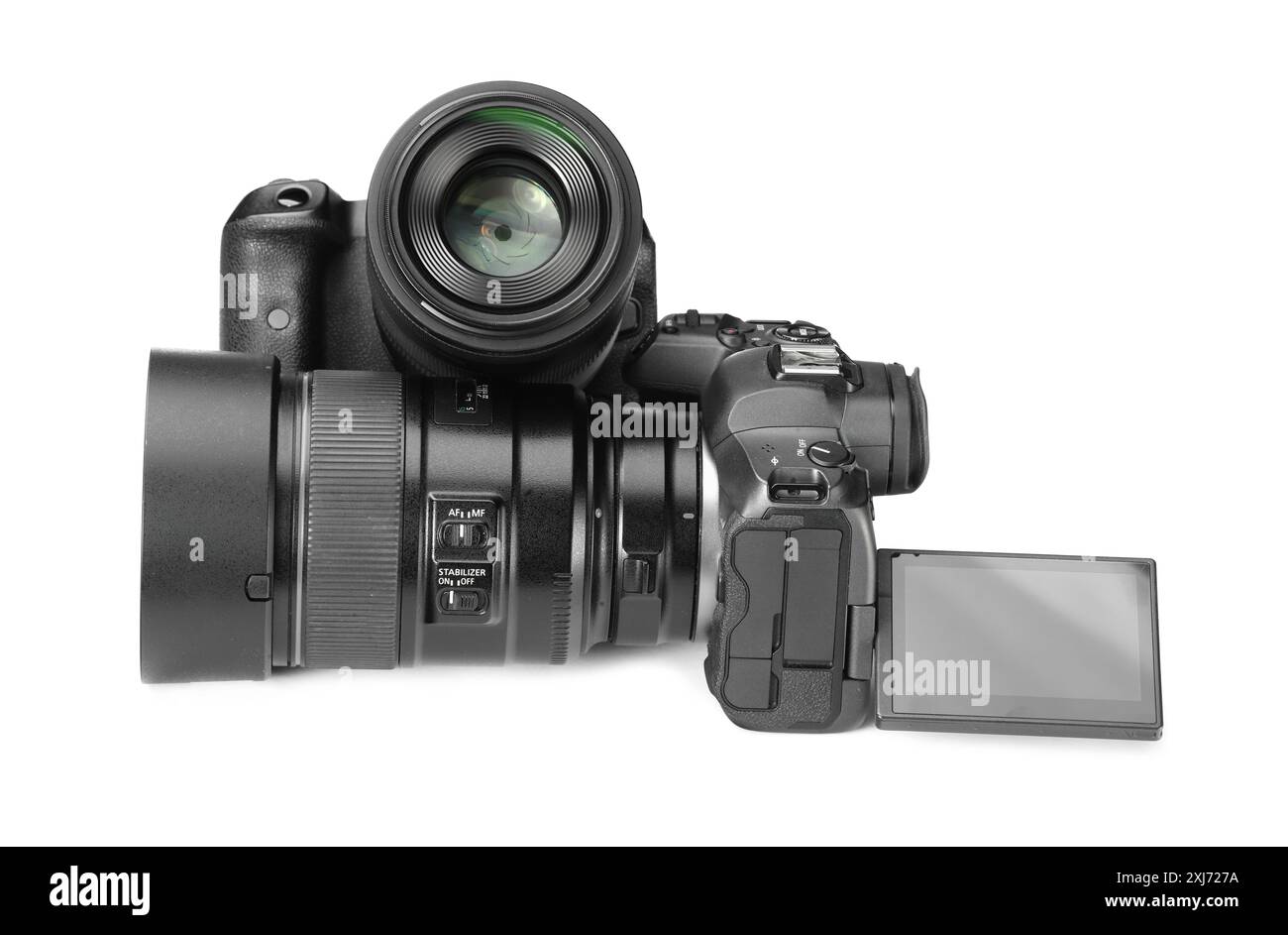 Modern cameras isolated on white. Photographer's equipment Stock Photo ...