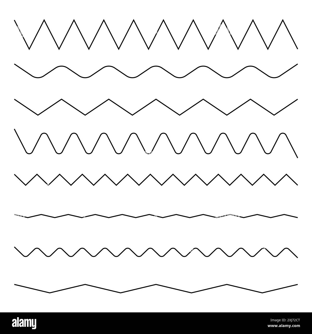 Zigzag line collection. Wavy and curved patterns. Simple black strokes. Seamless horizontal ...