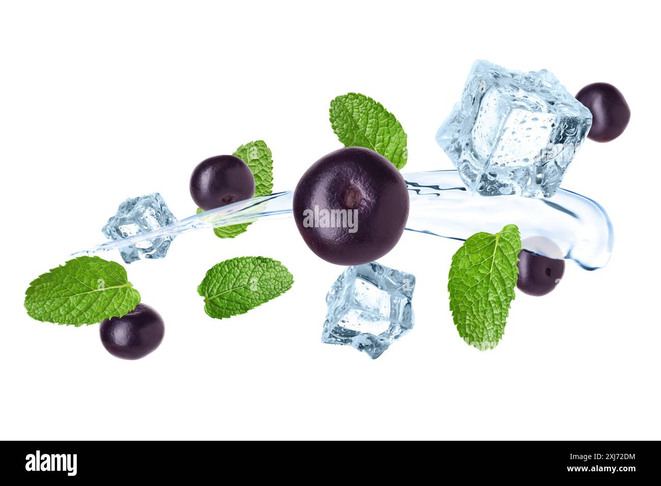 Acai berries, mint leaves, ice cubes and splash of water in air on ...