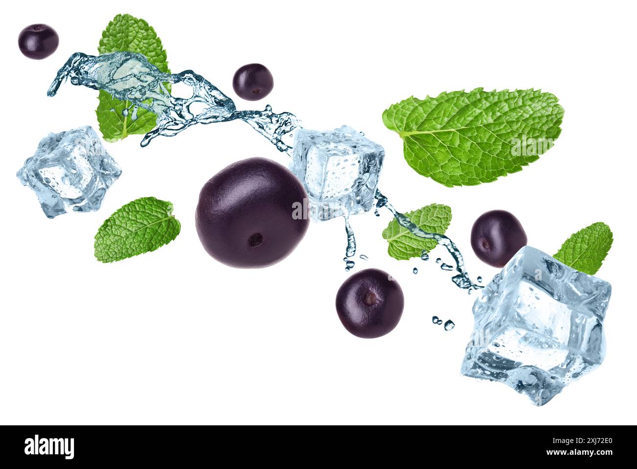 Acai berries, mint leaves, ice cubes and splash of water in air on ...