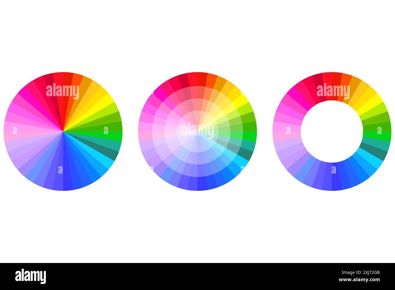 Three colorful circular charts on a white background. Vivid spectrum ...