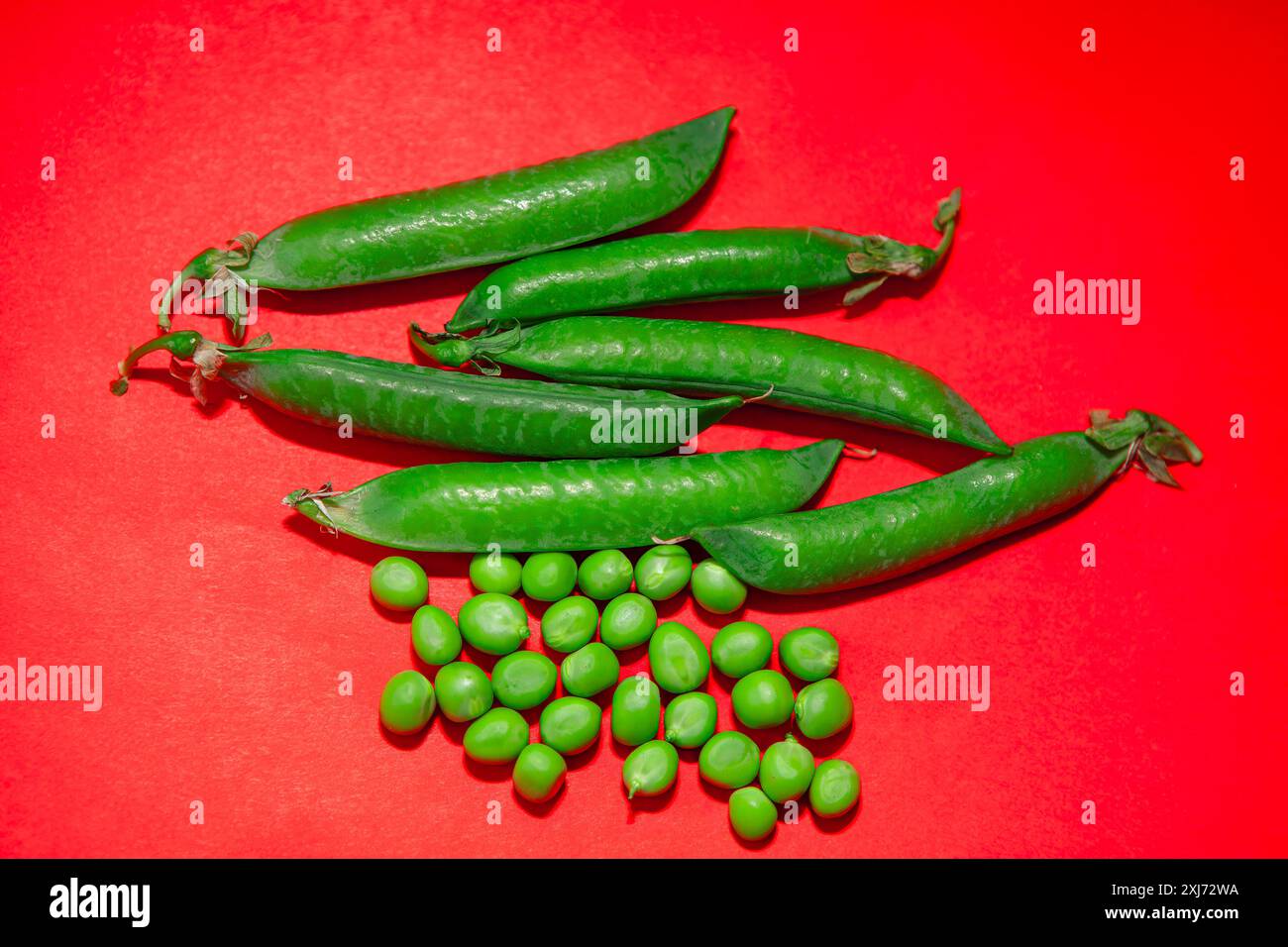 Pile of green peas on a red background. Peas are fresh and ready to be ...