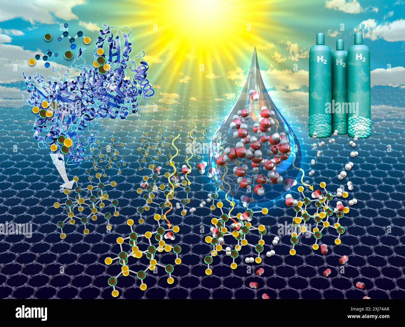 Solar powered hydrogen fuel production. Illustration showing the ...