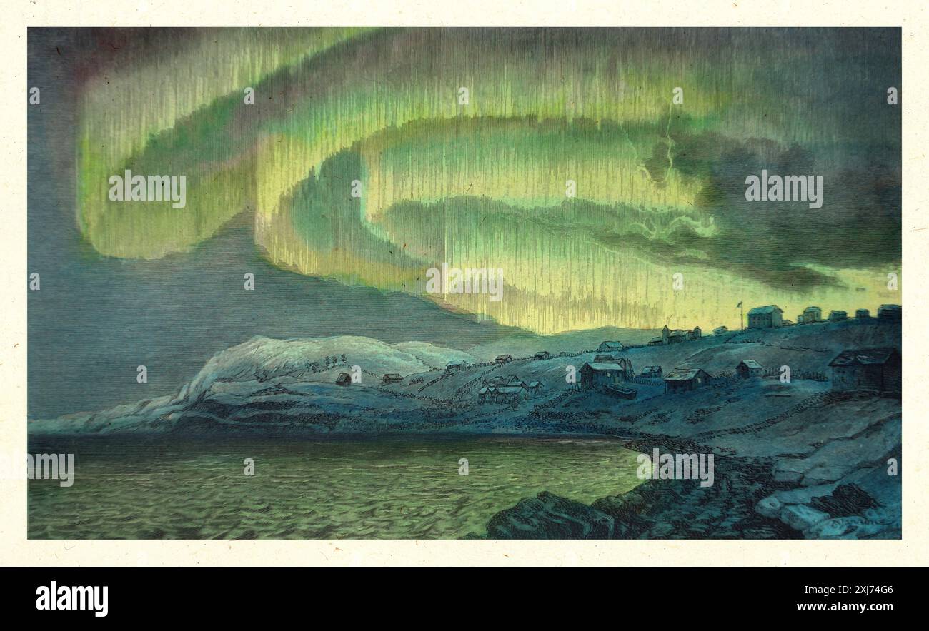 Illustration of the aurora borealis (northern lights) over a rural ...