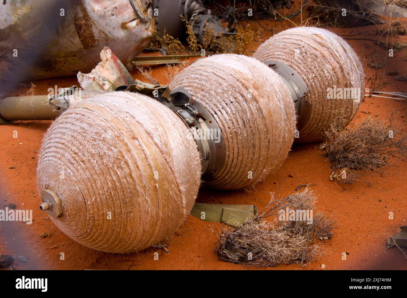 Three conjoined rocket propellant tanks on display at the Woomera ...