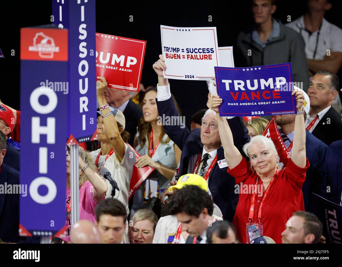 Milwaukee, United States. 16th July, 2024. Delegates hold signs at the ...