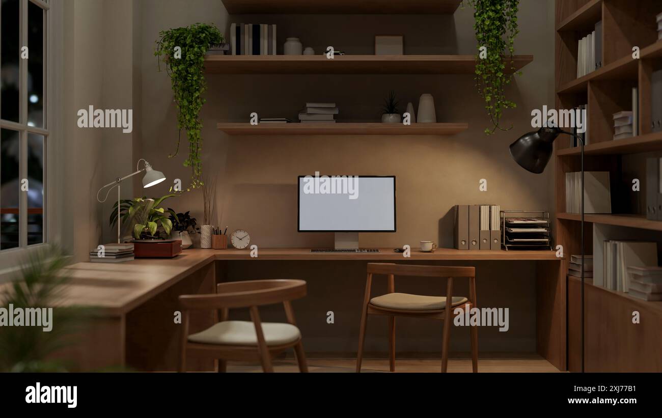 Interior design of a cozy contemporary home workspace at night features ...