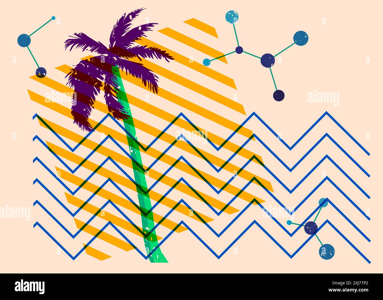 Risograph Palm Tree with geometric shapes. Objects in trendy riso graph ...