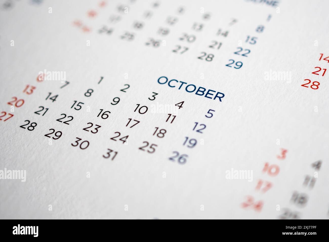 October calendar page with months and dates Stock Photo - Alamy