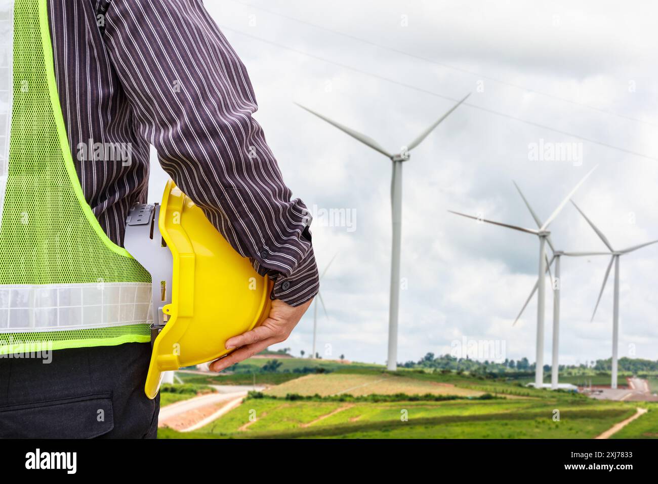 Engineer worker at wind turbine power station construction site Stock ...