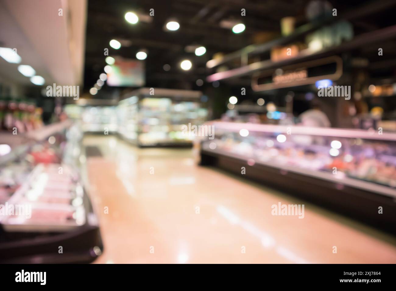 Abstract supermarket grocery store blurred defocused background with ...