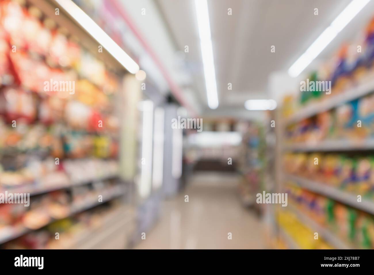Abstract blur supermarket convenience store aisle and product shelves ...
