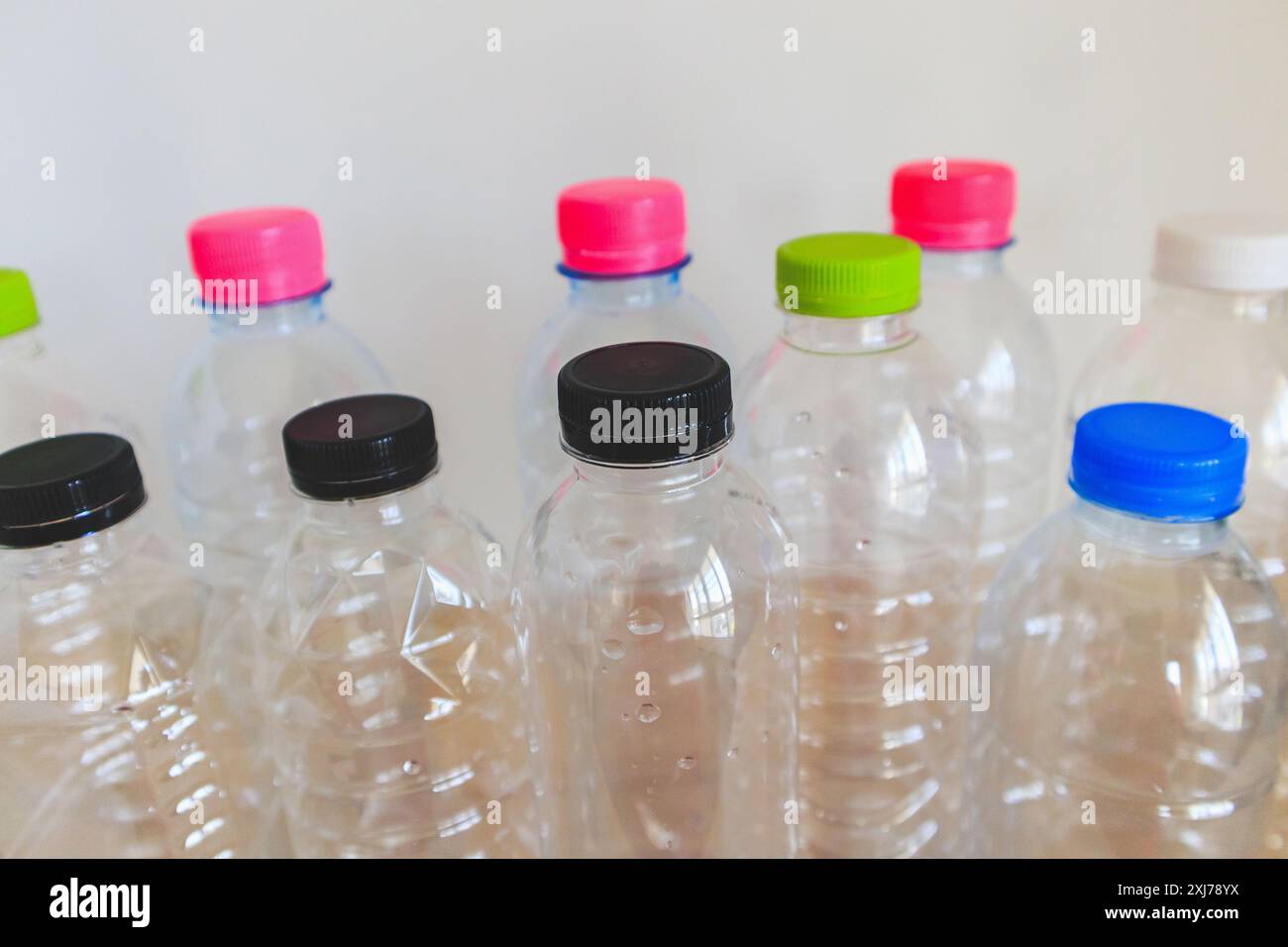 set of many plastic bottle on wood table, recycling concept Stock Photo ...