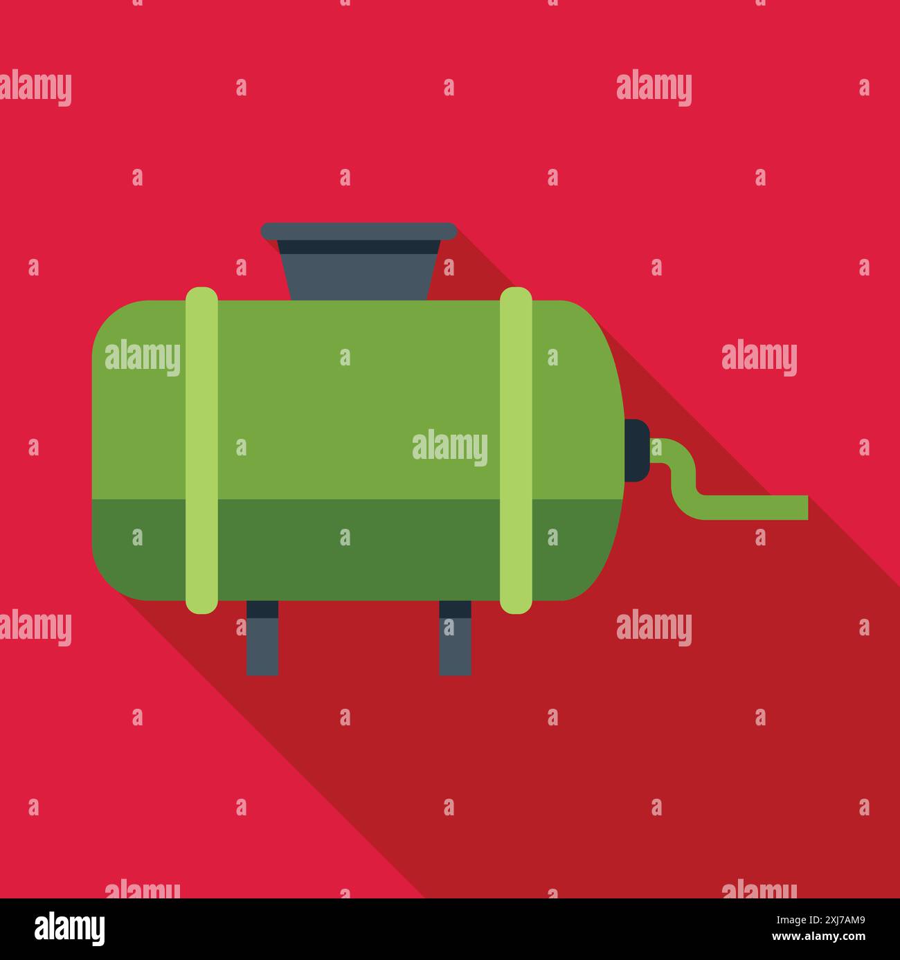 Green horizontal tank with a pipe on a red background, industrial ...