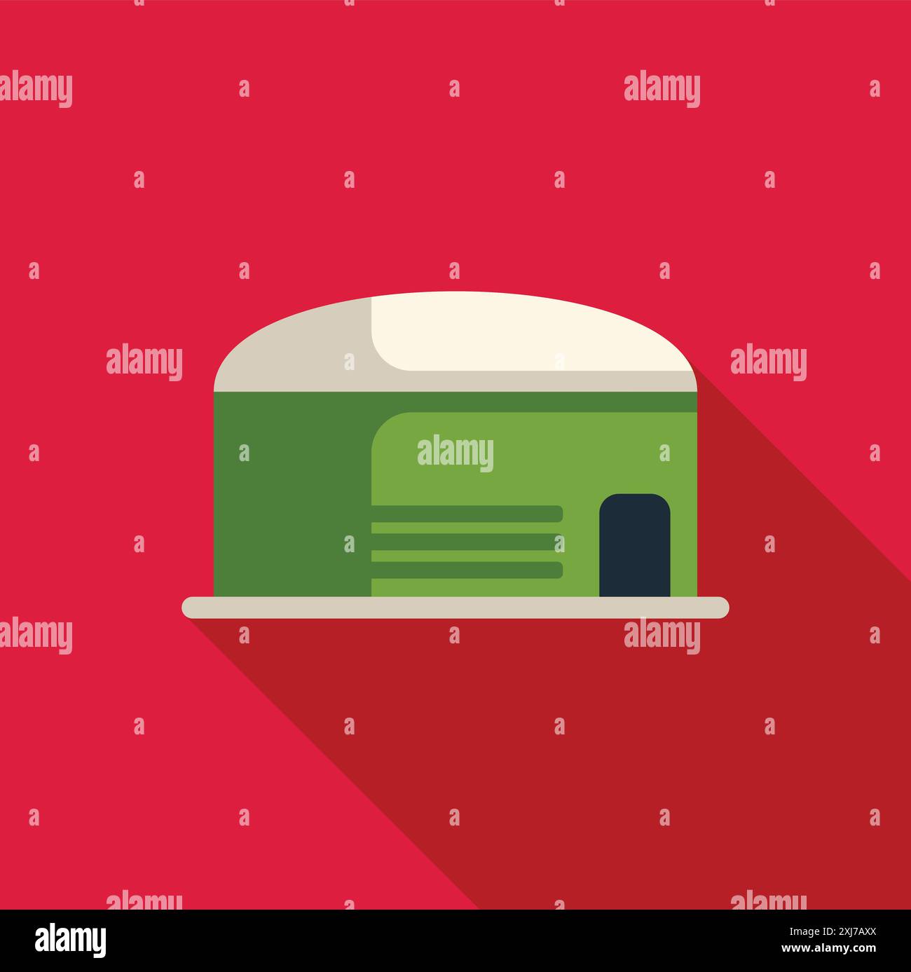 Illustration of a green storage building with white roof, minimal flat ...