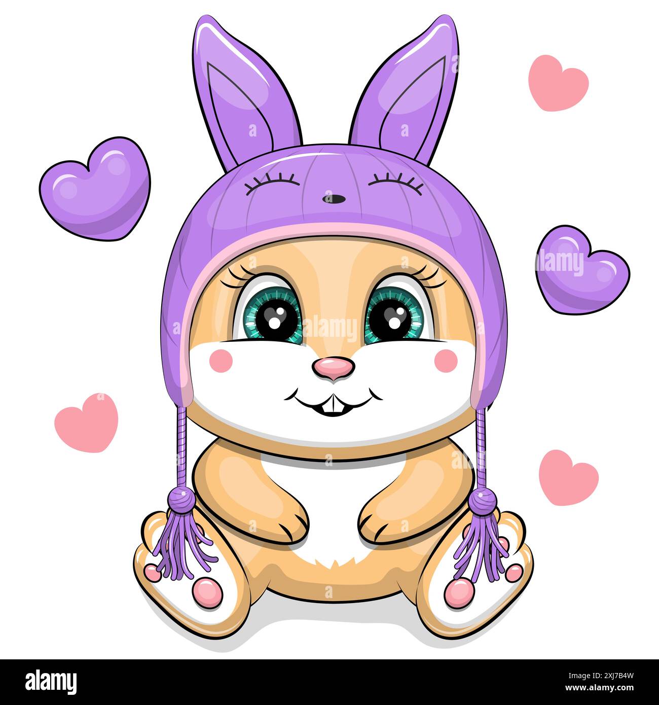 Cute cartoon baby rabbit wearing a funny purple hat. Vector ...