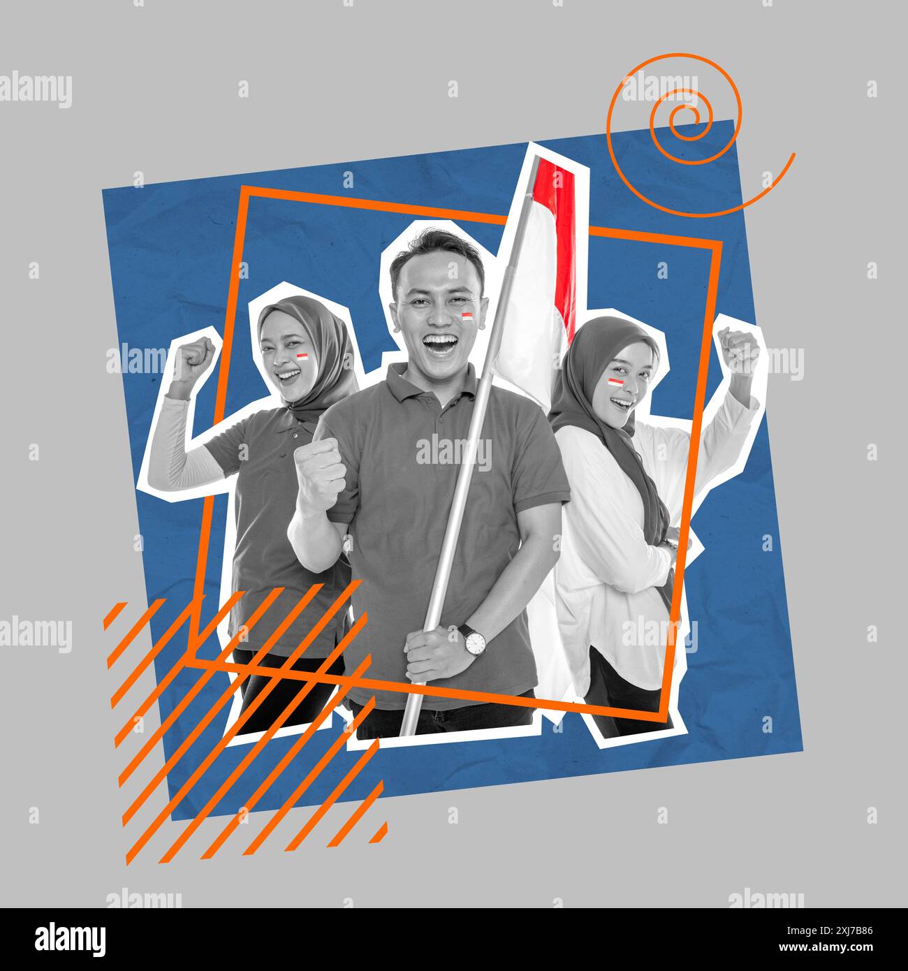 A man and two women are holding a flag and smiling. Concept of unity ...