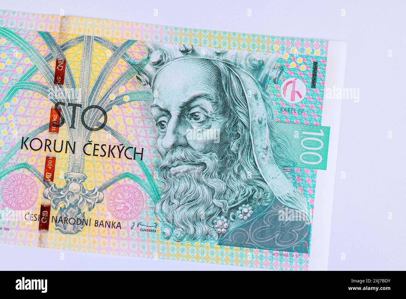 Czech banknotes in 100 koruna denominations from issued Ceska Narodni ...