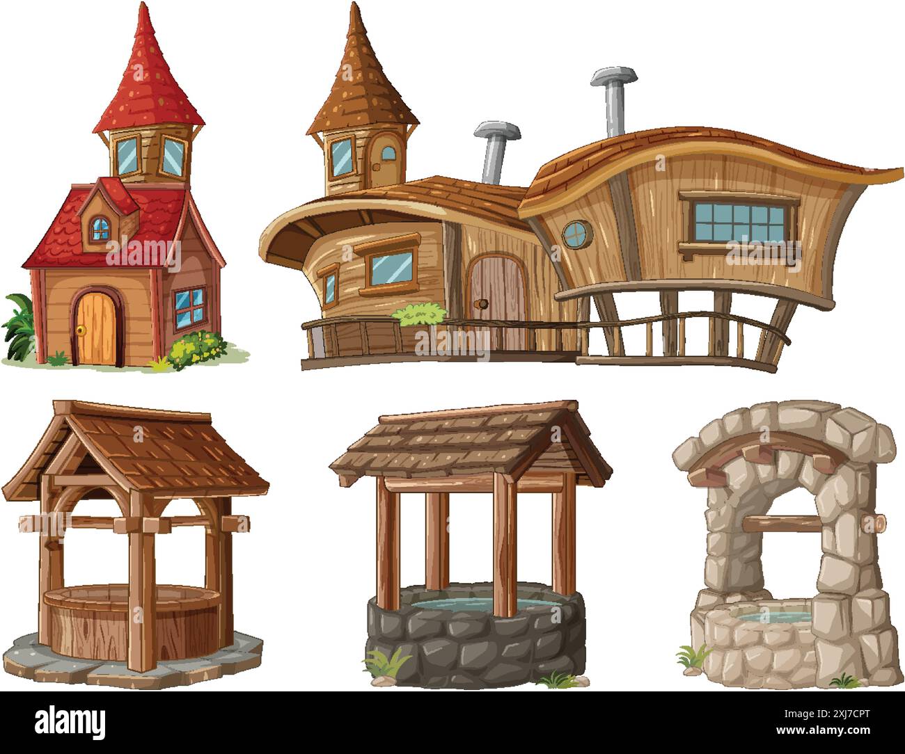 Illustration of houses and wells in a village Stock Vector Image & Art ...