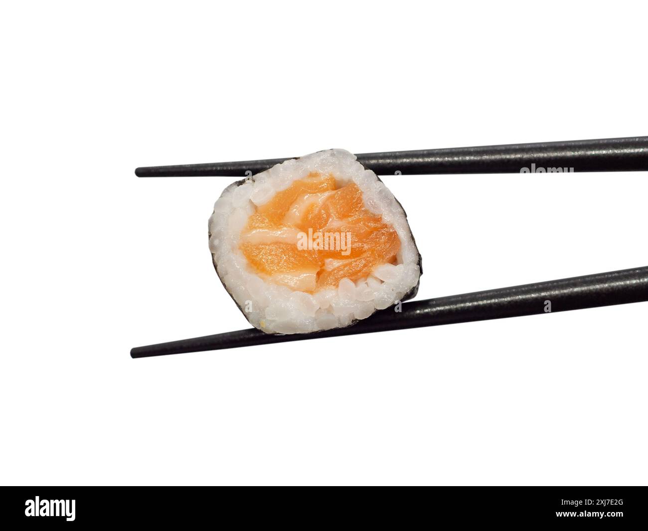 japanese salmon maki sushi roll with chopsticks isolated on white background with clipping path ...