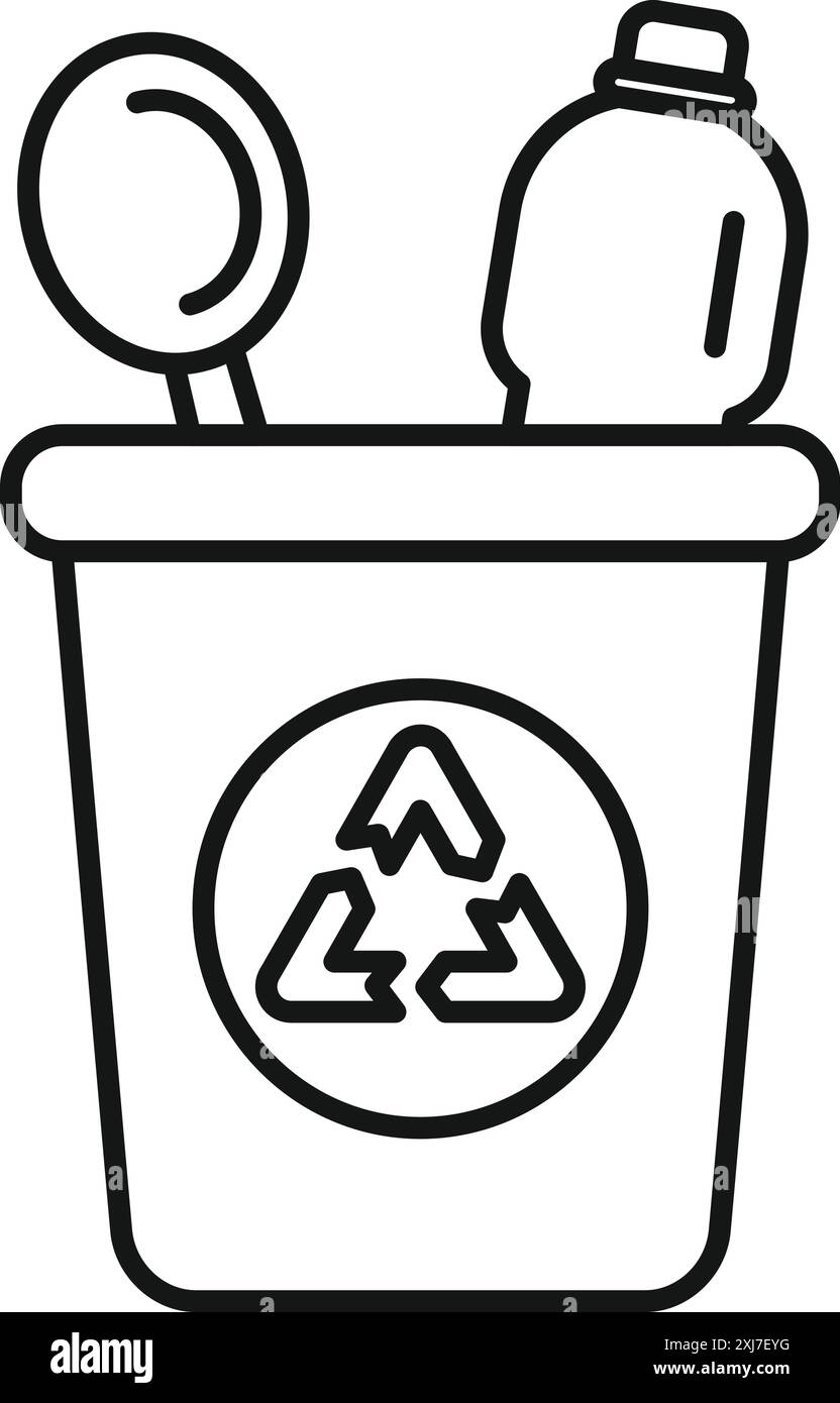 Line drawing of a plastic bottle and plastic spoon being recycled in a ...